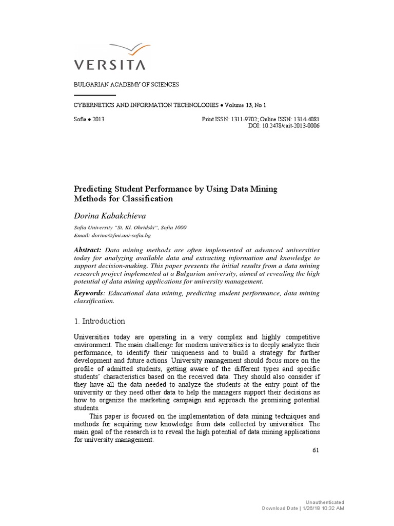 (Cybernetics and Information Technologies) Predicting Student Performance by Using Data Mining ...