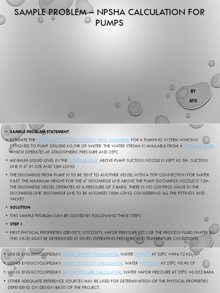 Sample Problem - NPSHA Calculation For Pumps | PDF