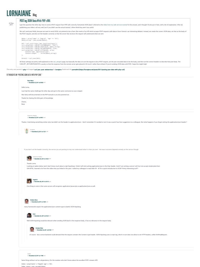 Posting Json Data With PHP Curl - Lornajane | PDF | Json | Hypertext Transfer Protocol