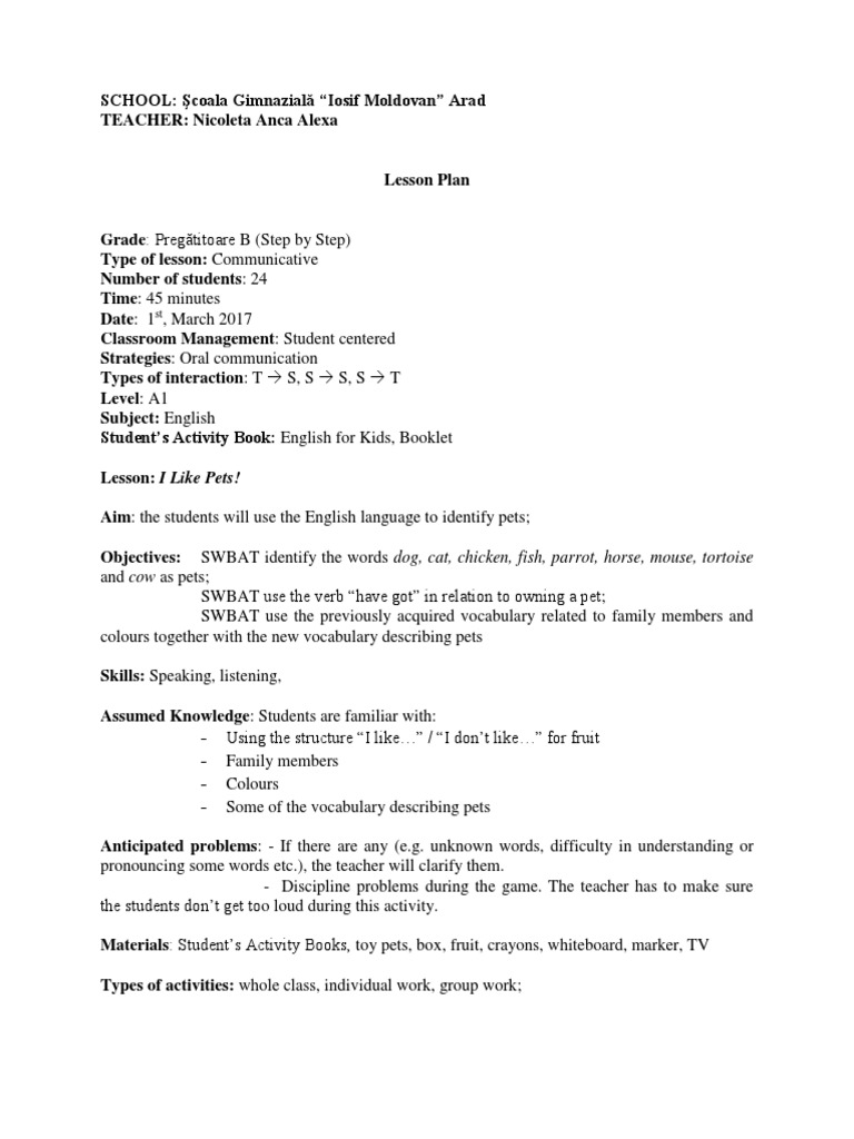 Pets Lesson Plan Clasa 0 | PDF | Lesson Plan | Vocabulary