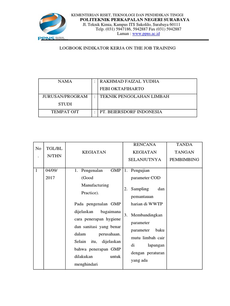 Logbook Indikator Kerja On The Job Training - Minggu Ke 1 | PDF