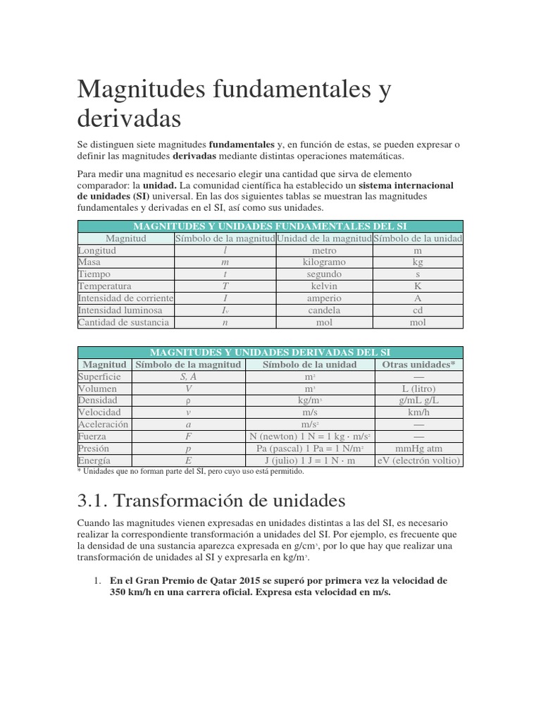 Magnitudes Fundamentales y Derivadas | PDF | Unidades de medida ...