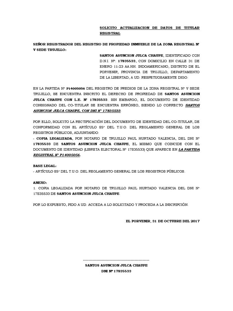 Solicito Actualizacion de Datos de Titular Registral - Santos Asuncion Julca Chaupe | PDF ...