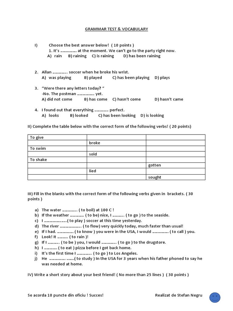 Grammar Test | PDF | Linguistic Morphology | Languages