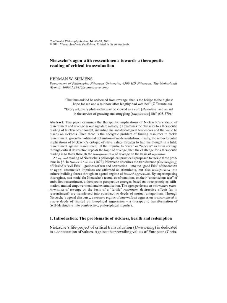 Nietzsche's Agon With Ressentiment: Towards A Therapeutic Reading of ...