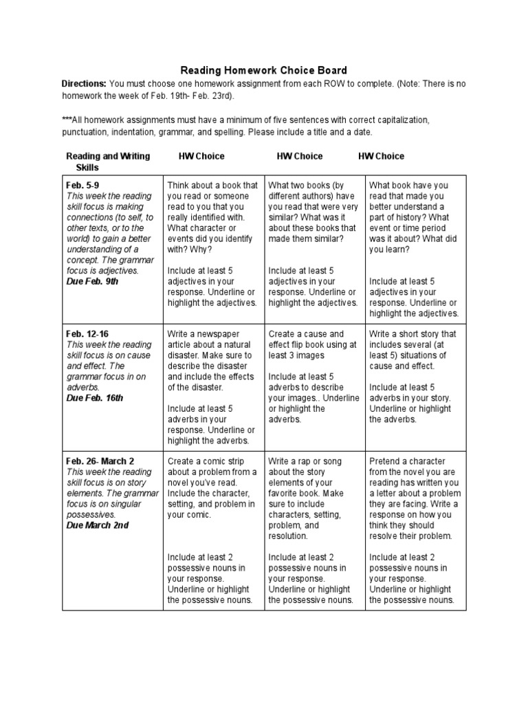 February Choice Board For Reading and Writing Homework | PDF | Homework ...