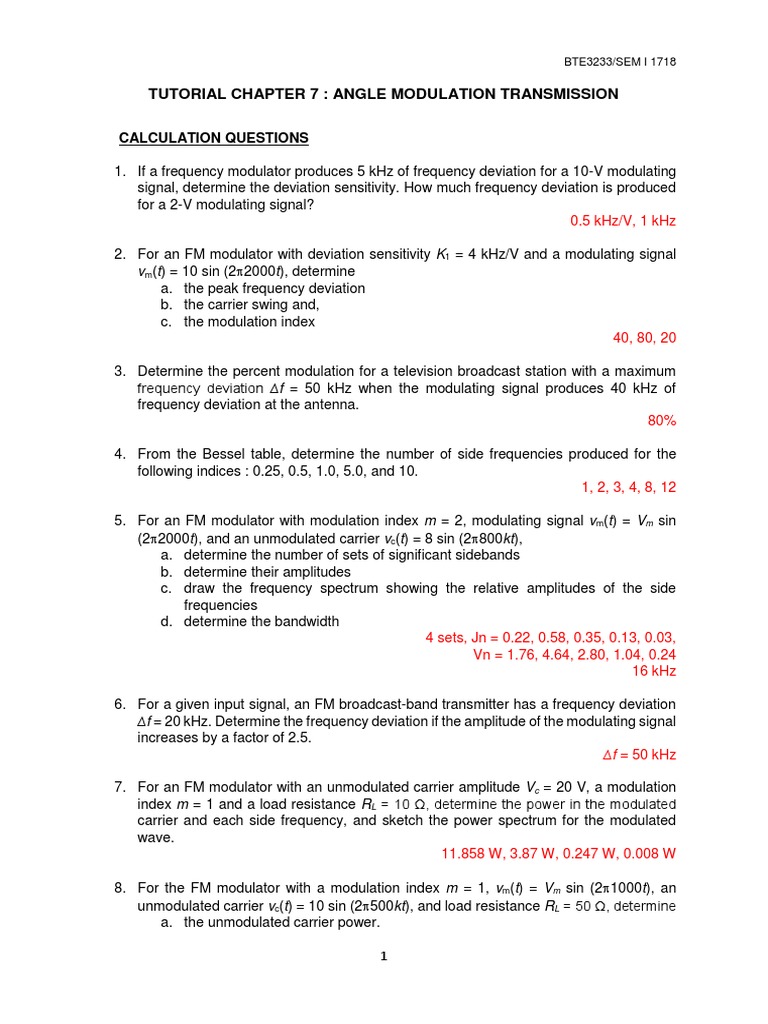 Tutorial Chapter 7 8 Ans | PDF | Frequency Modulation | Modulation