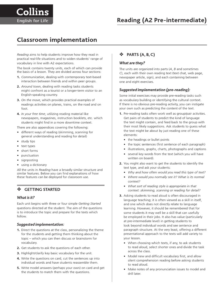 Reading, English For Life, A2, Resources - For - Teachers - Reading-A2 ...