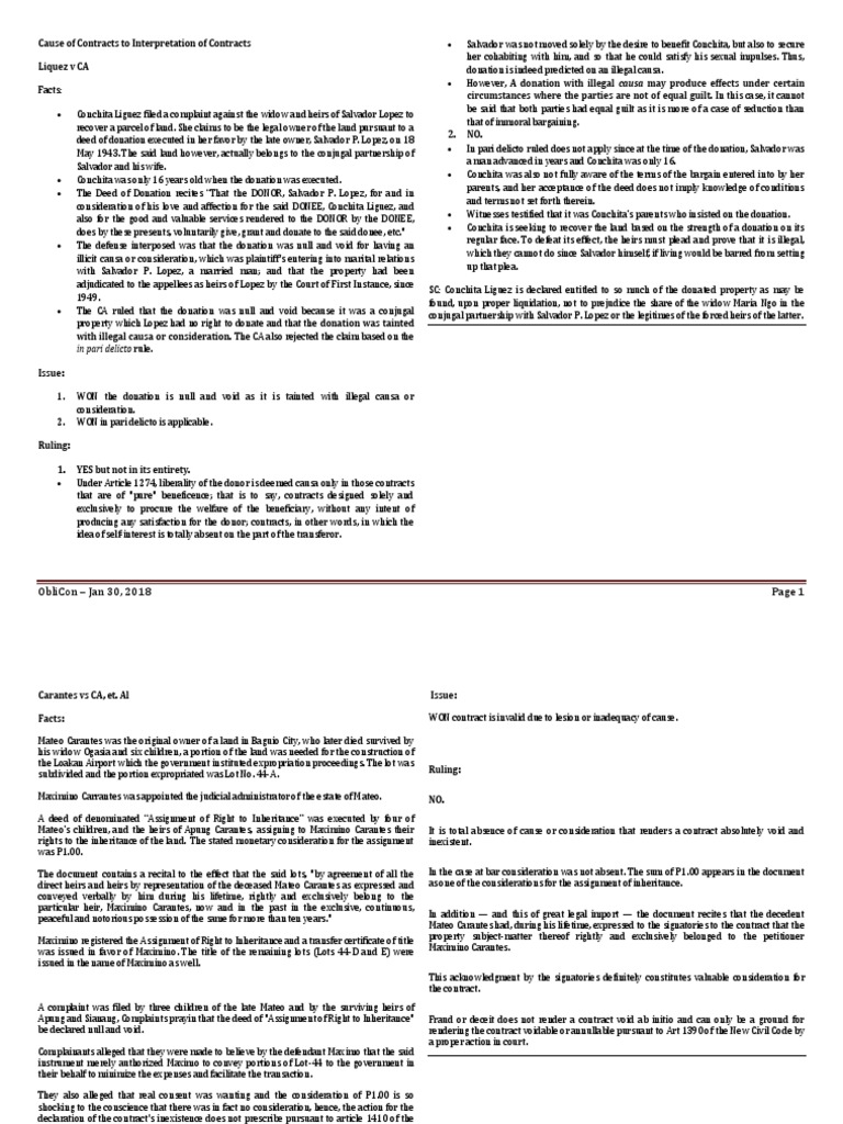 Oblicon Case Digests 1-30-18 | PDF | Deed | Complaint