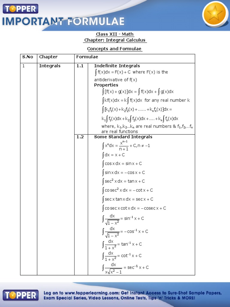 Class XII - Math Chapter: Integral Calculus | PDF | Logarithm | Integral