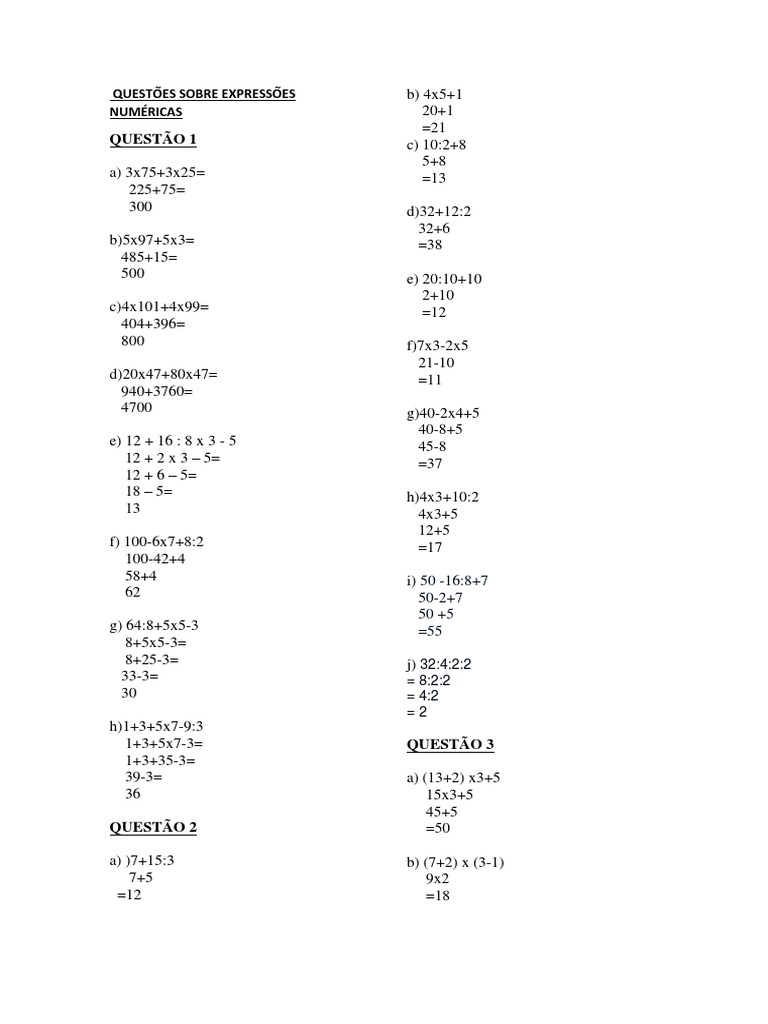 Questões Sobre Expressões Numéricas | PDF | Métodos e Materiais de Ensino