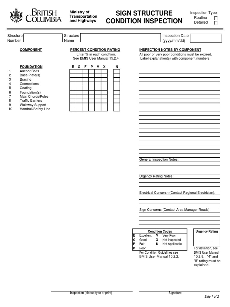 BC - MOT - Sign Structure Condition Inspection Form | PDF | Transport ...