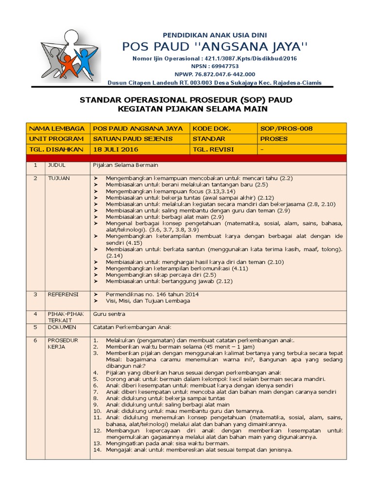 8 Sop Paud Kegiatan Pijakan Selama Main | PDF | Kesehatan Holistik