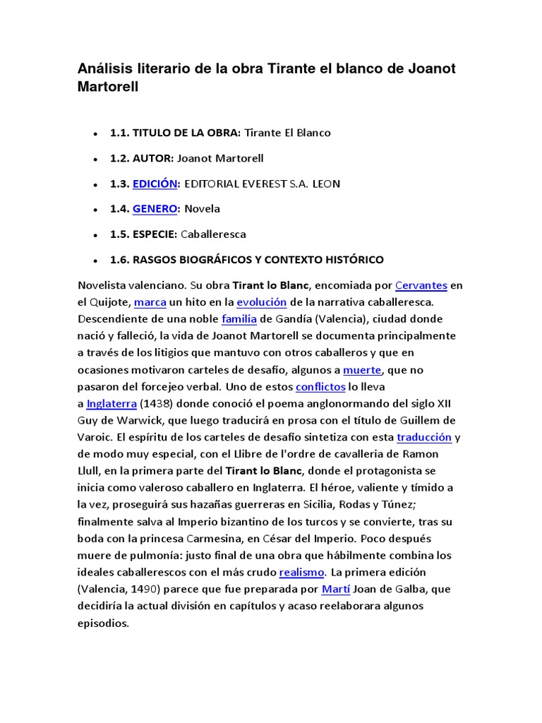 Análisis de Tirante el Blanco | PDF