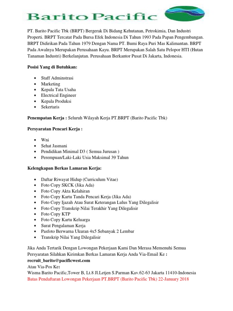 Lowongan Kerja PT Barito Pacific TBK | PDF