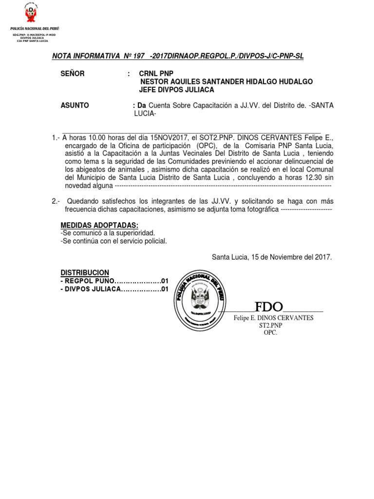 ejemplo de una Nota Informativa pnp | Seguridad nacional | Política