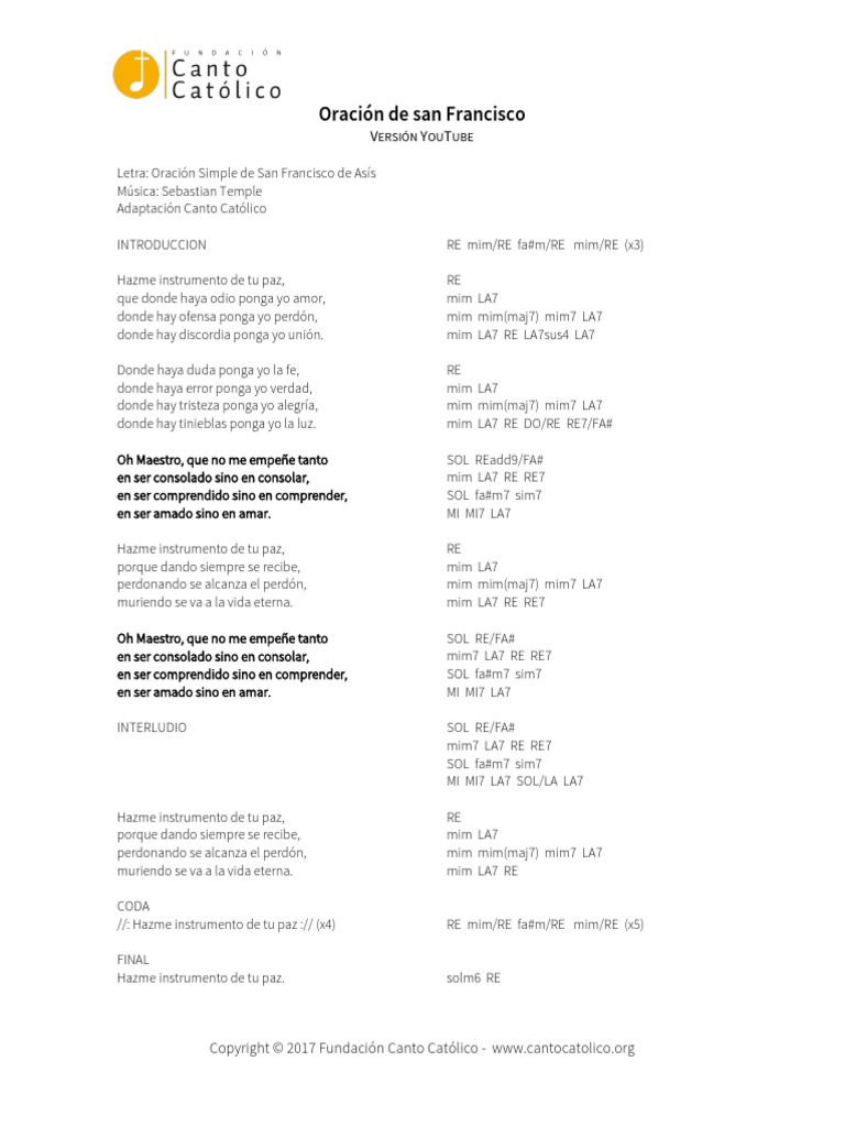 Oración de San Francisco - Letra y Acordes Versión YouTube