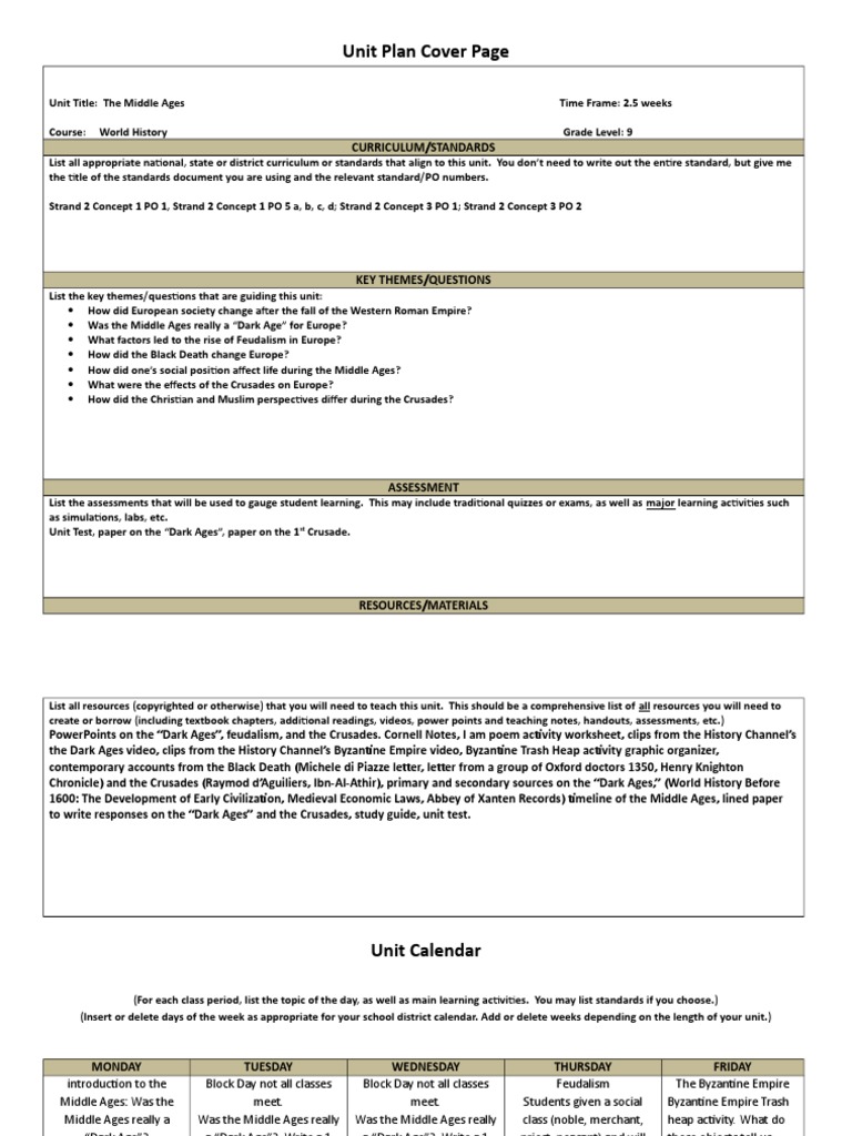 Unit Plan Template 2017 Middle Ages - Jessamyn Wehmeier | PDF ...