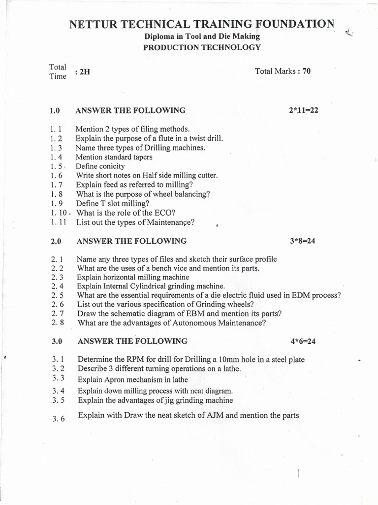Production Technology Question Paper | PDF | Machining | Cutting Tools