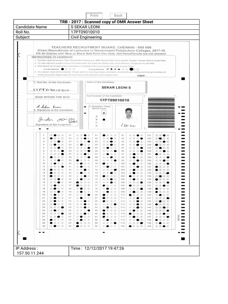 TRB - 2017: Scanned Copy of OMR Answer Sheet | PDF