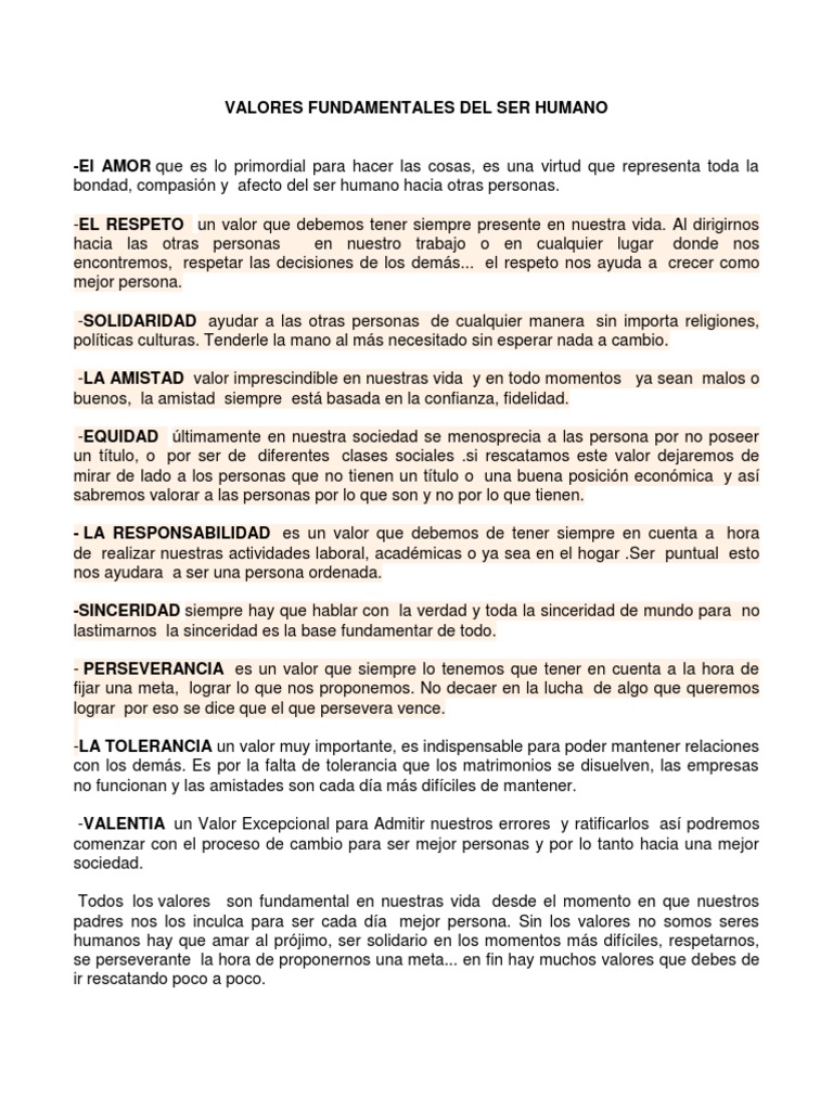 Valores Fundamentales Del Ser Humano | Descargar gratis PDF | Tolerancia | Amor