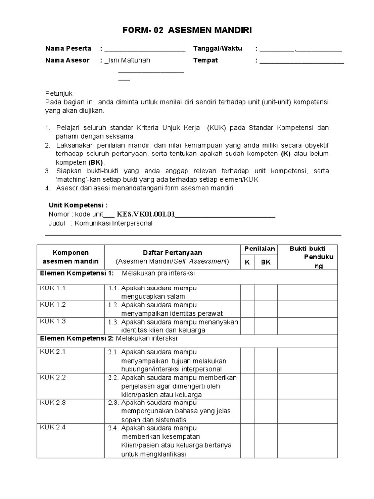 Formulir Asesmen Mandiri KUK 01 | PDF