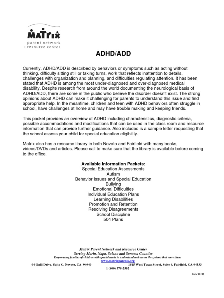 Adhd/Add: Available Information Packets | PDF | Attention Deficit ...