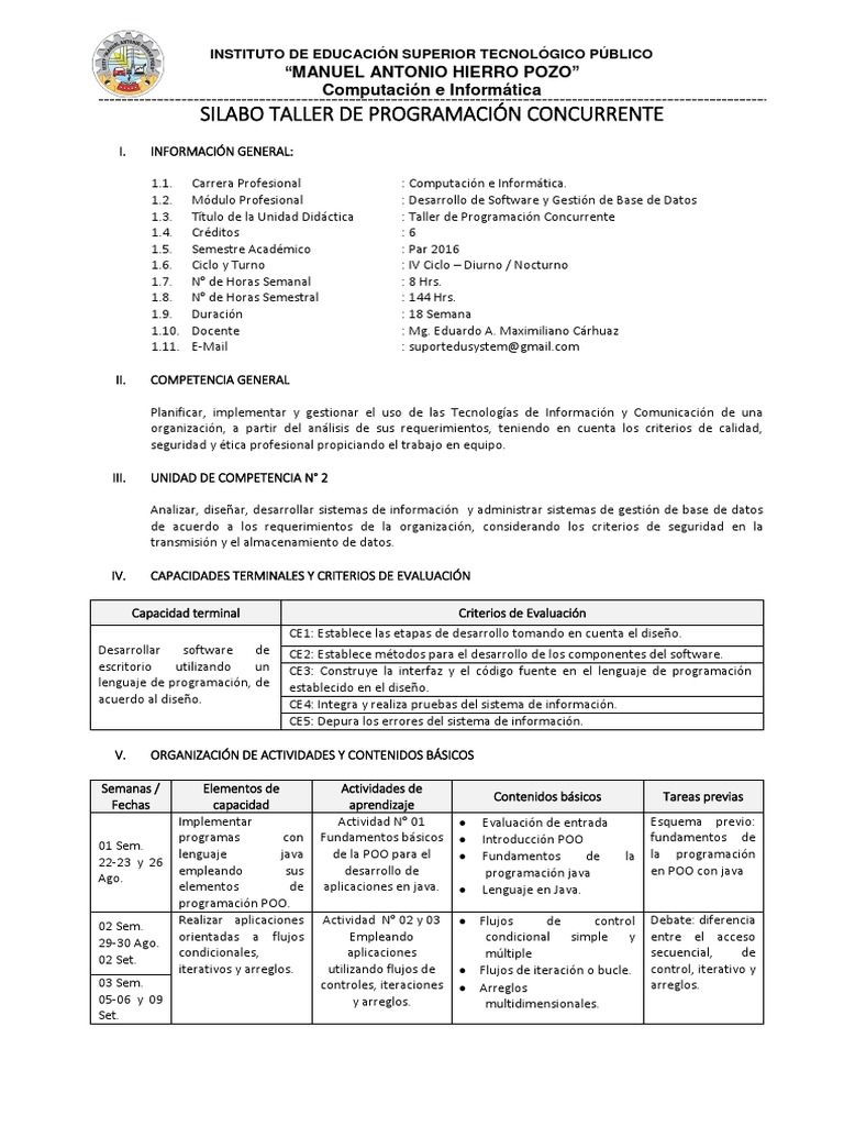 Silabo Taller de Programación Concurrente | PDF | Java (lenguaje de programación) | Programación ...
