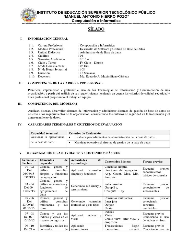 Silabo Administración de Base de Datos | PDF | SQL | Bases de datos