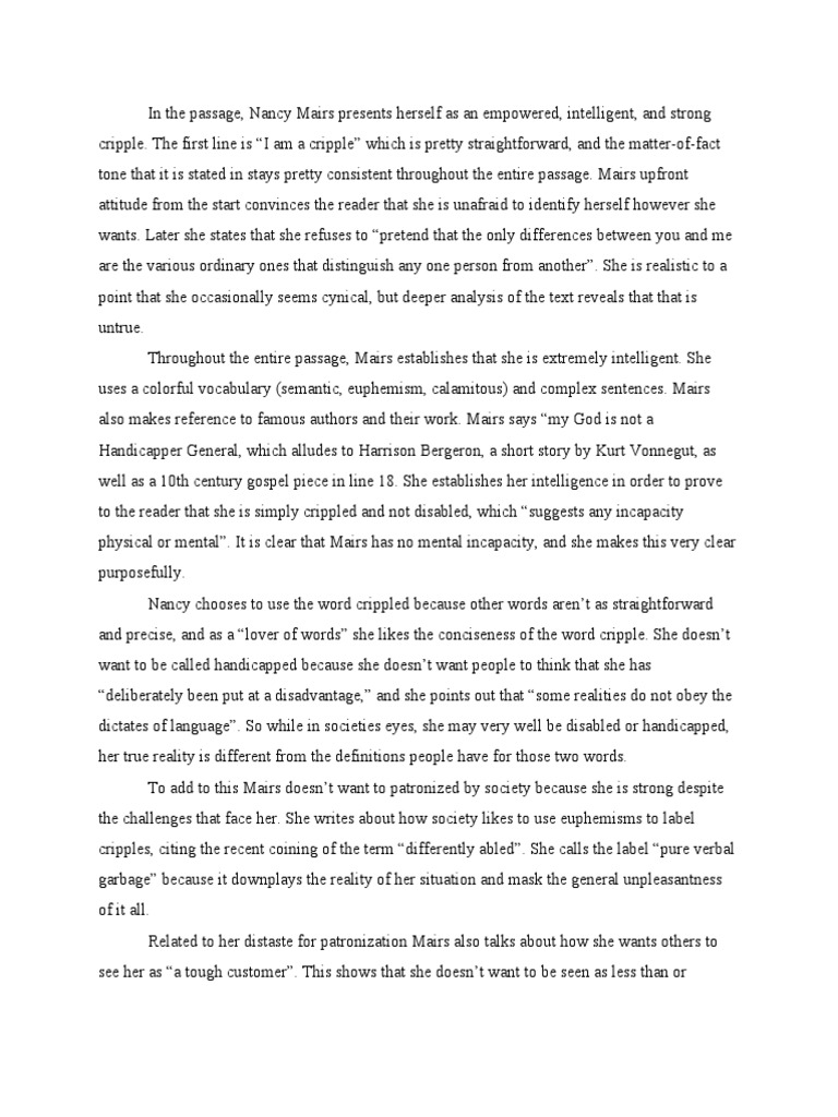 Rhetorical Analysis of Nancy Mairs Cripp | PDF | Irony | Disability