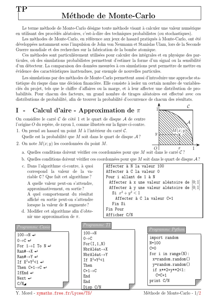 TP Methode Monte Carlo PDF | Download Free PDF | Méthode de Monte-Carlo ...