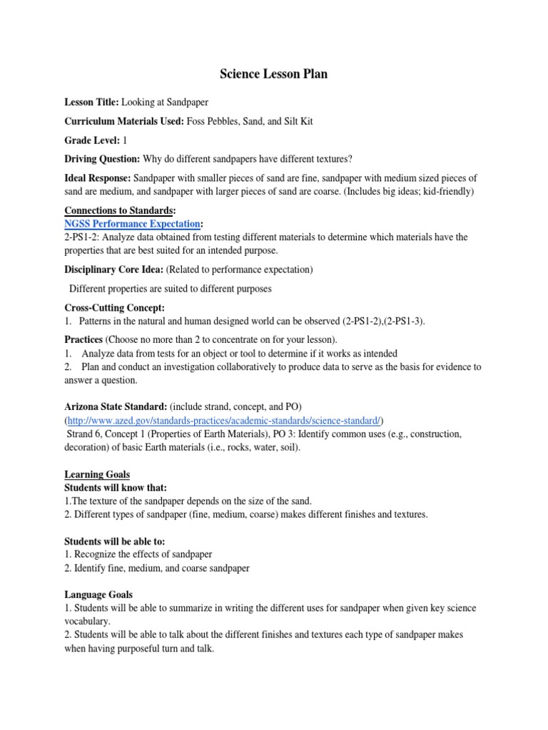 Science Lesson Plan: NGSS Performance Expectation | PDF | Sand ...