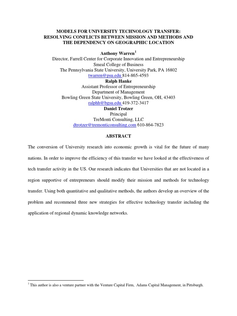 Models For University Technology Transfer | PDF | Venture Capital ...