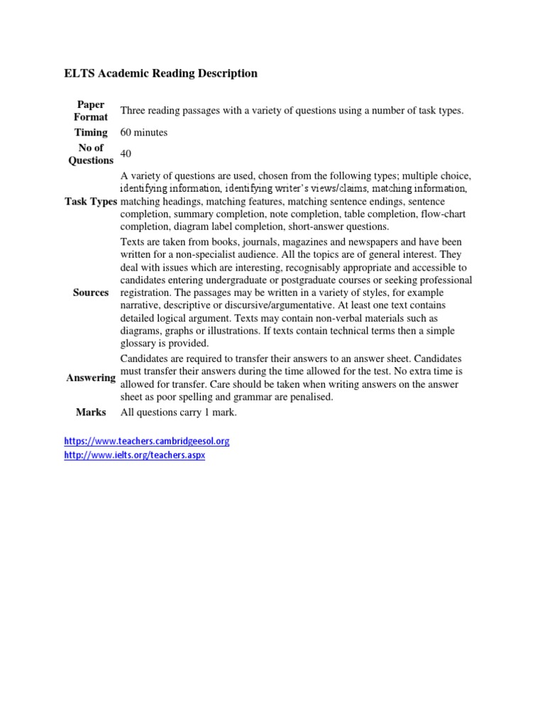 ELTS Academic Reading Description: Paper Format Timing No of Questions | PDF