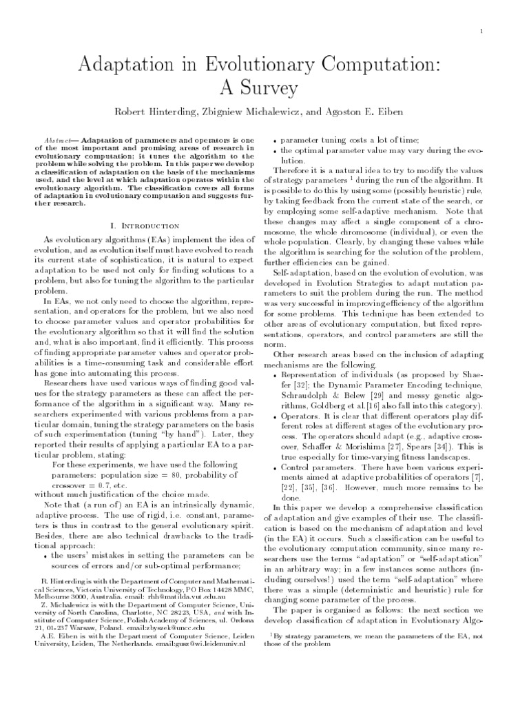 Adaptation In Evolutionary Computation A Survey Pdf Genetic Algorithm Evolution