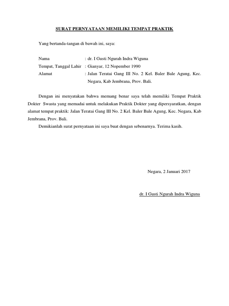 Surat Pernyataan Memiliki Tempat Praktek Surat Pernyataan Memiliki Tempat Praktek