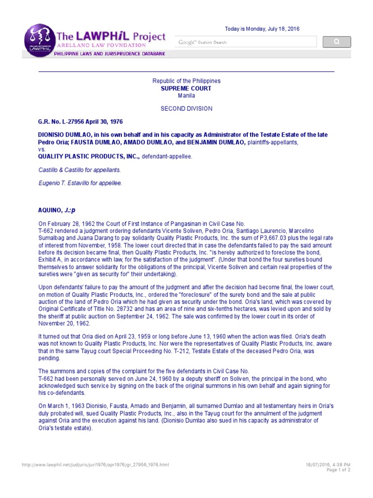 25 Dumlao Vs Quality Plastic Products | PDF | Lawsuit | Surety Bond