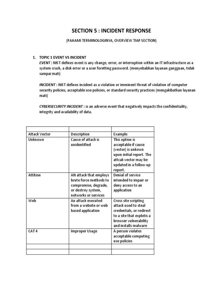 Section 5: Incident Response: 1. Topic 1 Event Vs Incident | PDF ...