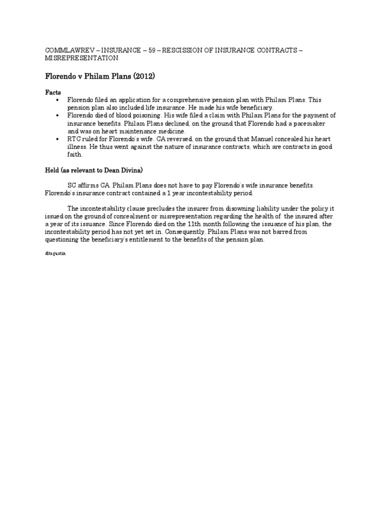 Insurance Rescission: Florendo v Philam | PDF | Law