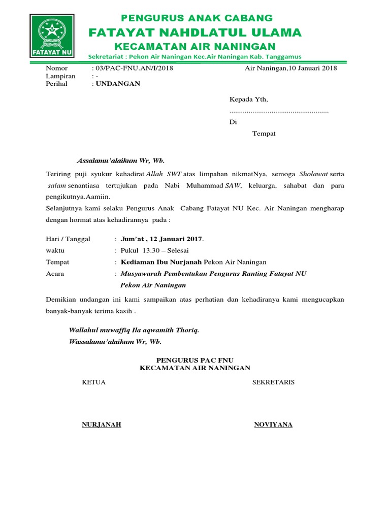 Undangan Ranting Fatayat Nu | PDF