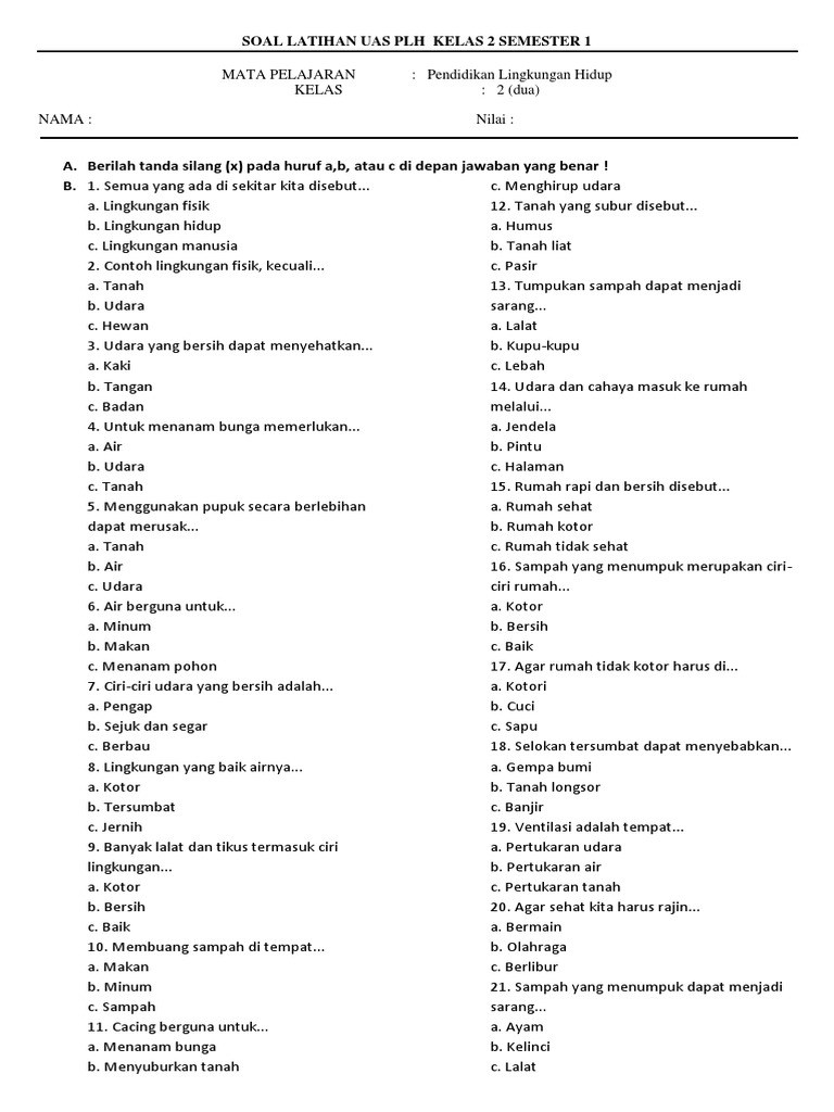 Soal Latihan Uas PLH Kelas 2 Semester 1 | PDF