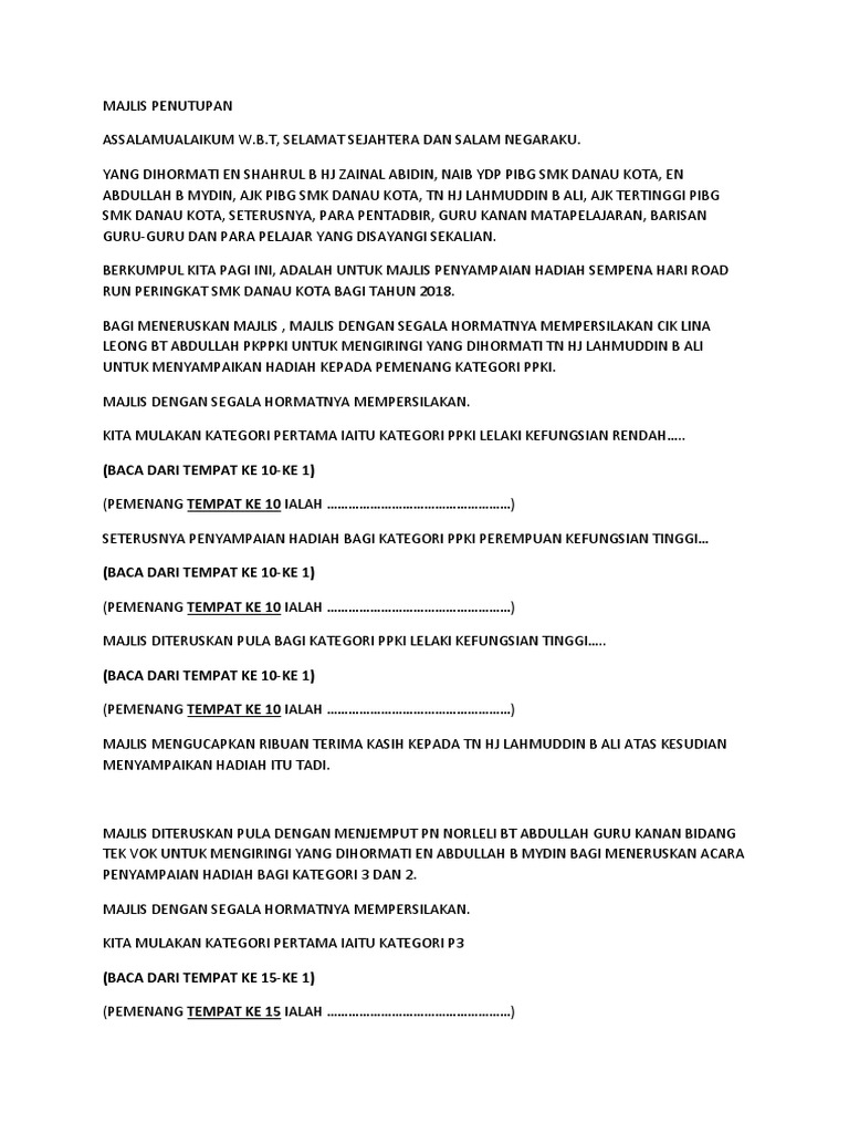 Skrip Pengacara Road Run 2018 | PDF