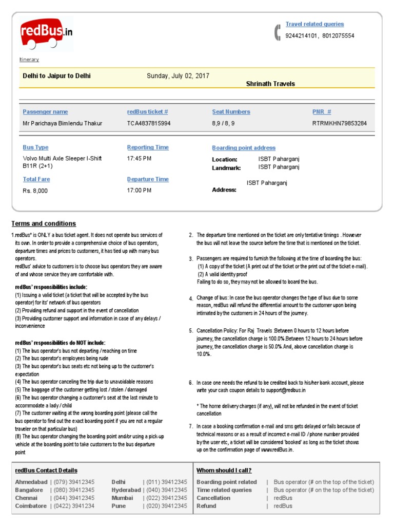 Delhi Jaipur Red Bus Ticket | PDF | Ticket (Admission) | Bus