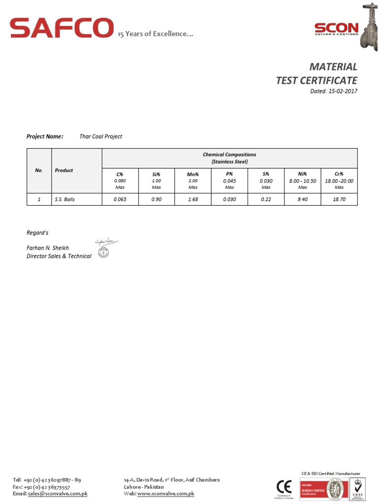 Mill Test Certificate - S.S. Balls | PDF