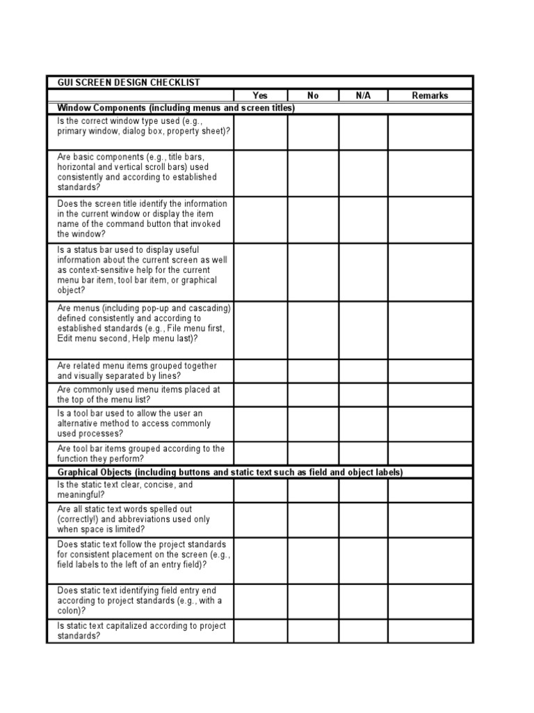 Gui Screen Design Checklist Yes No N/A Remarks Window Components ...