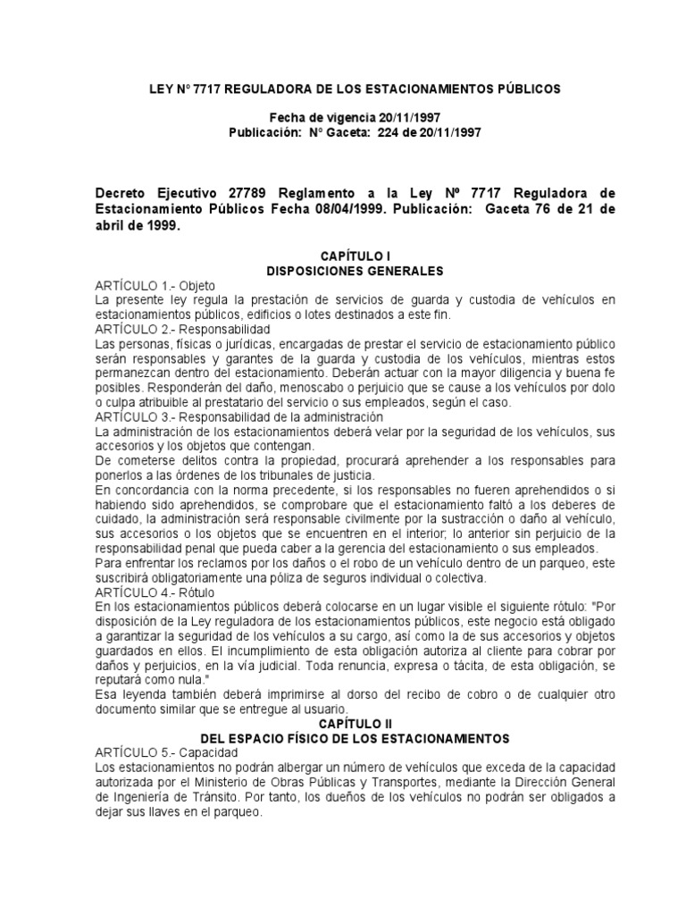 Ley 7717 Regula Dora CR | PDF | Estacionamiento | Instituciones sociales
