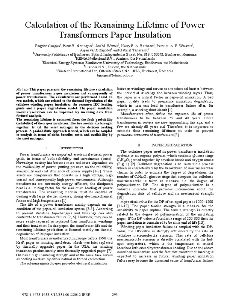 Calculation Of The Remaining Lifetime Of Power Transformer Paper Insulation Pdf Normal