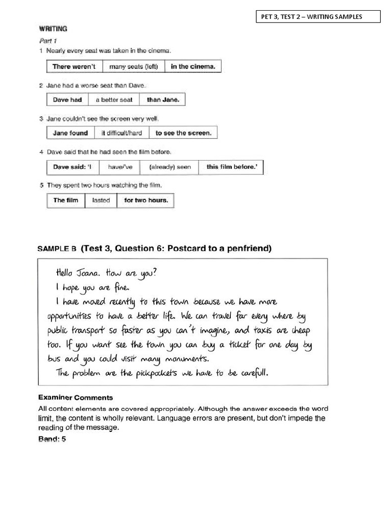 Pet 2, Test 3 - Writing Samples | PDF