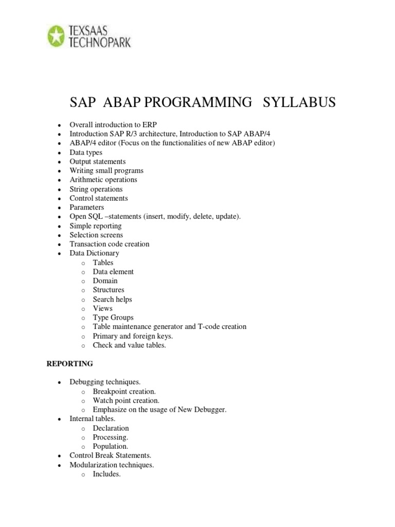 Sap Abap Programming Syllabus Pdf Areas Of Computer Science 5964