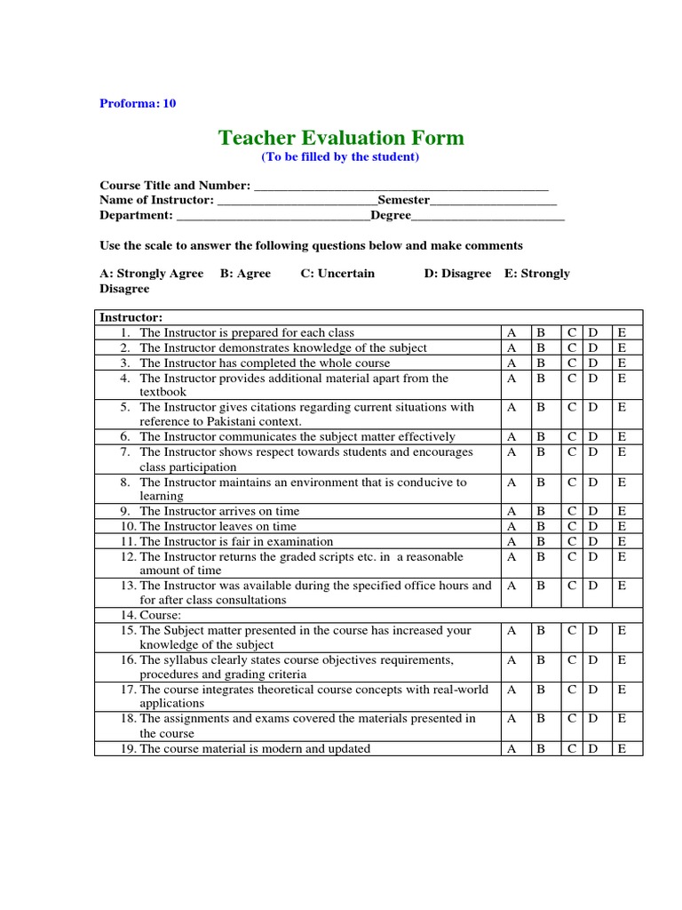 Proforma 10 Teacher Evaluation Form | PDF | Test (Assessment) | Teachers